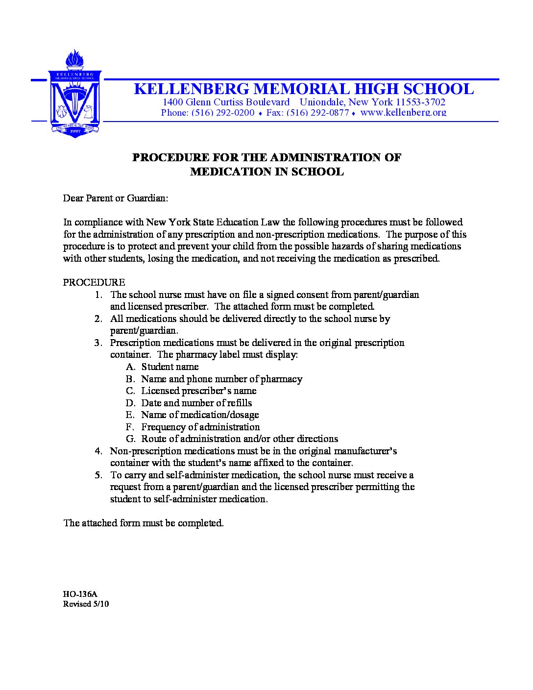 Medication Administration Form – Kellenberg Memorial High School