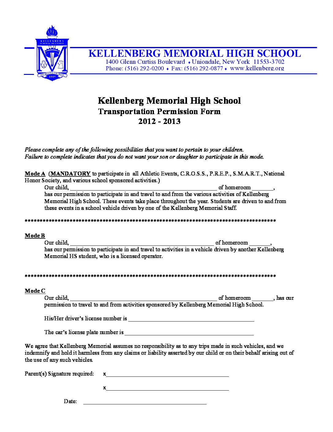 Transportation Permission Form – Kellenberg Memorial High School