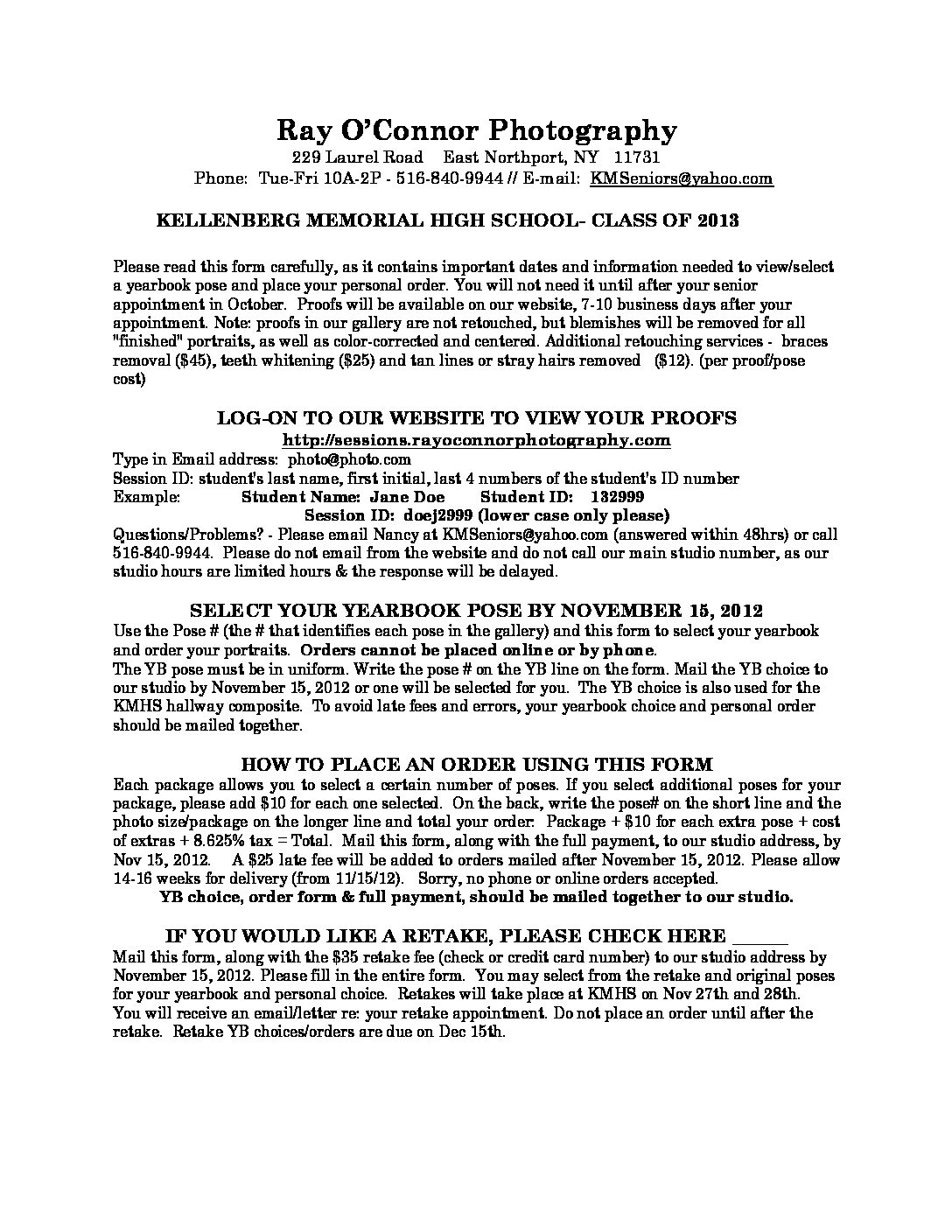KMHS 2013 Senior Portrait Order Form – Kellenberg Memorial High School