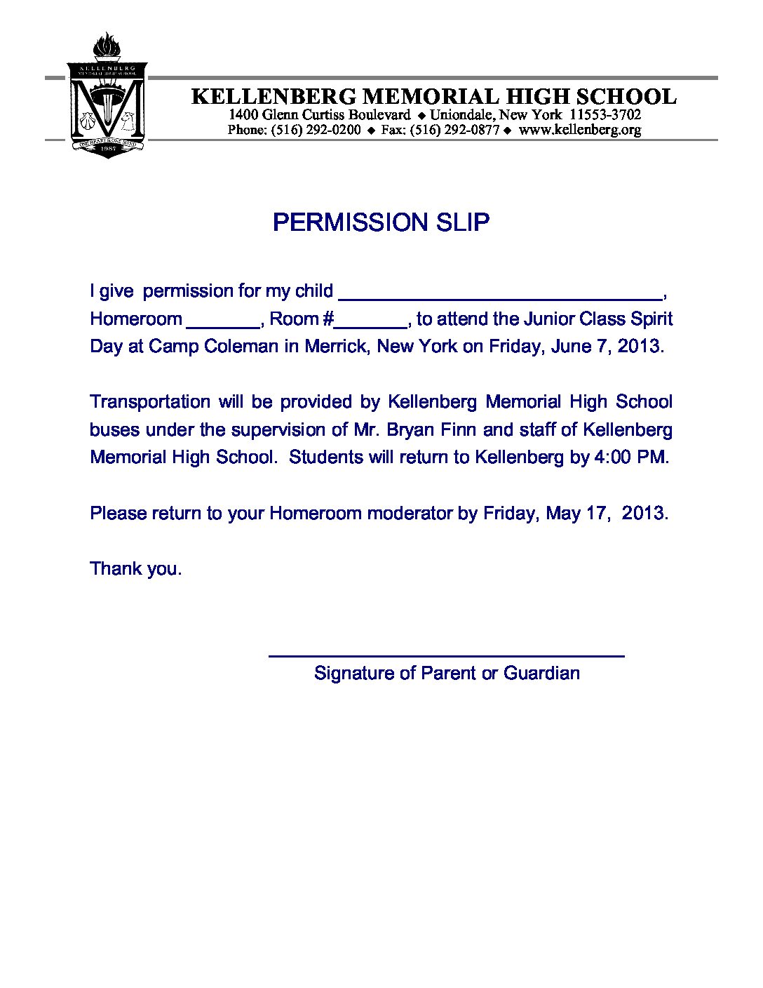 Junior Class Spirit Day Permission Slip – Kellenberg Memorial High School