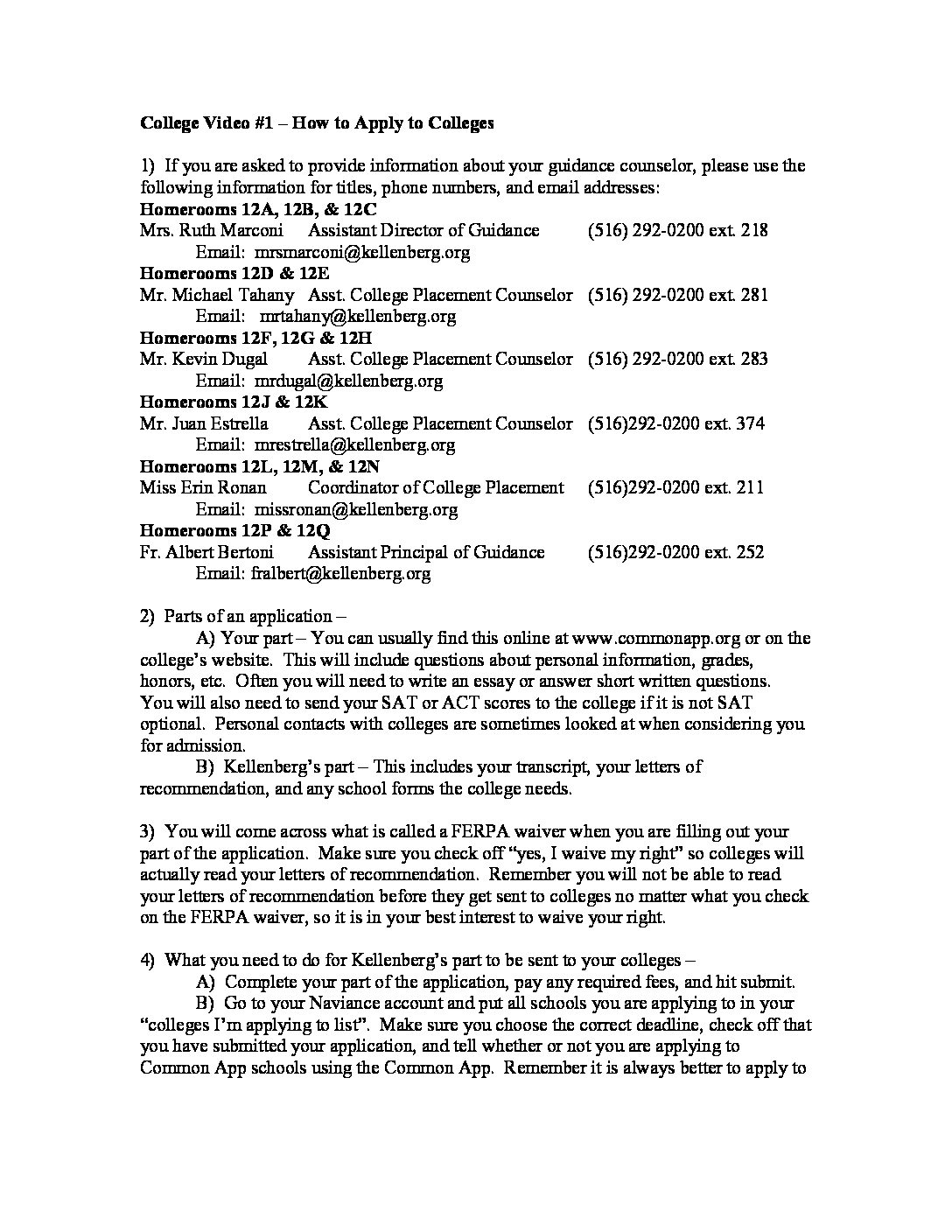 College Video #1 Handout 2013 – Kellenberg Memorial High School