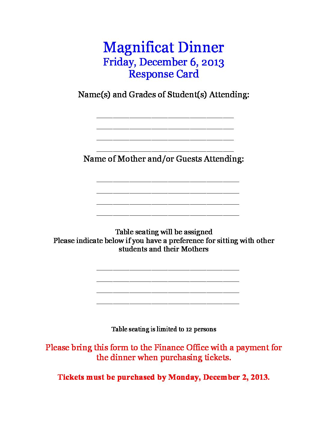 Magnificat Dinner Order Form – Kellenberg Memorial High School