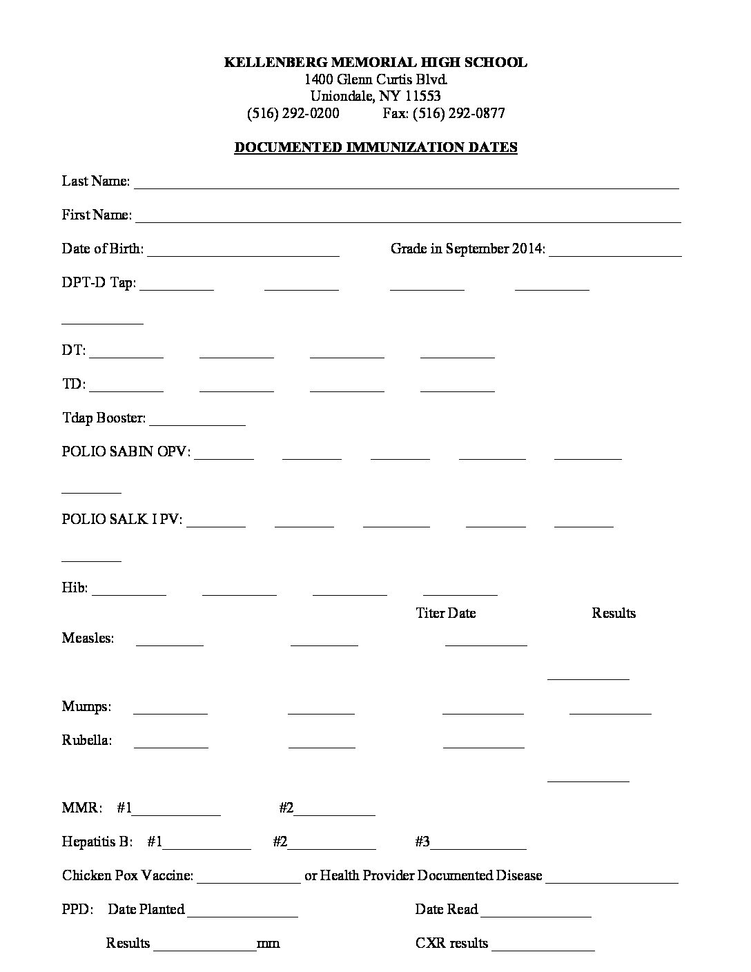 immunization form – Kellenberg Memorial High School