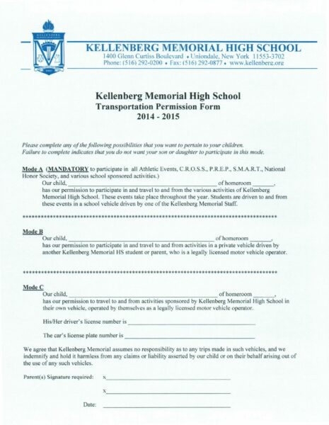 Transportation Permission Form.1415 – Kellenberg Memorial High School