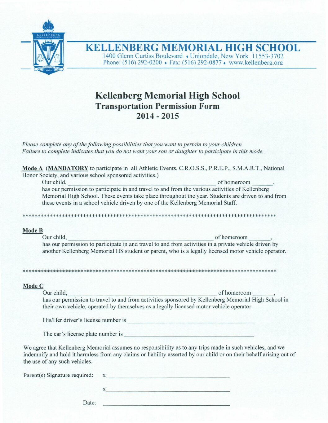 Transportation Permission Form.1415 – Kellenberg Memorial High School
