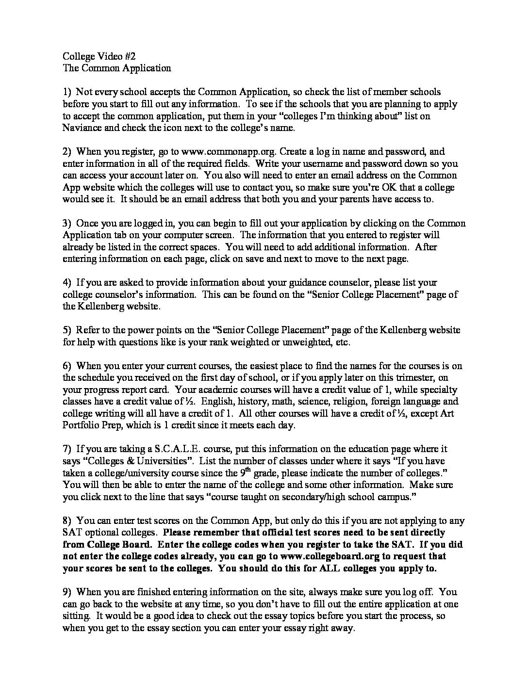 College Video #2 common app handout 2014 – Kellenberg Memorial High School