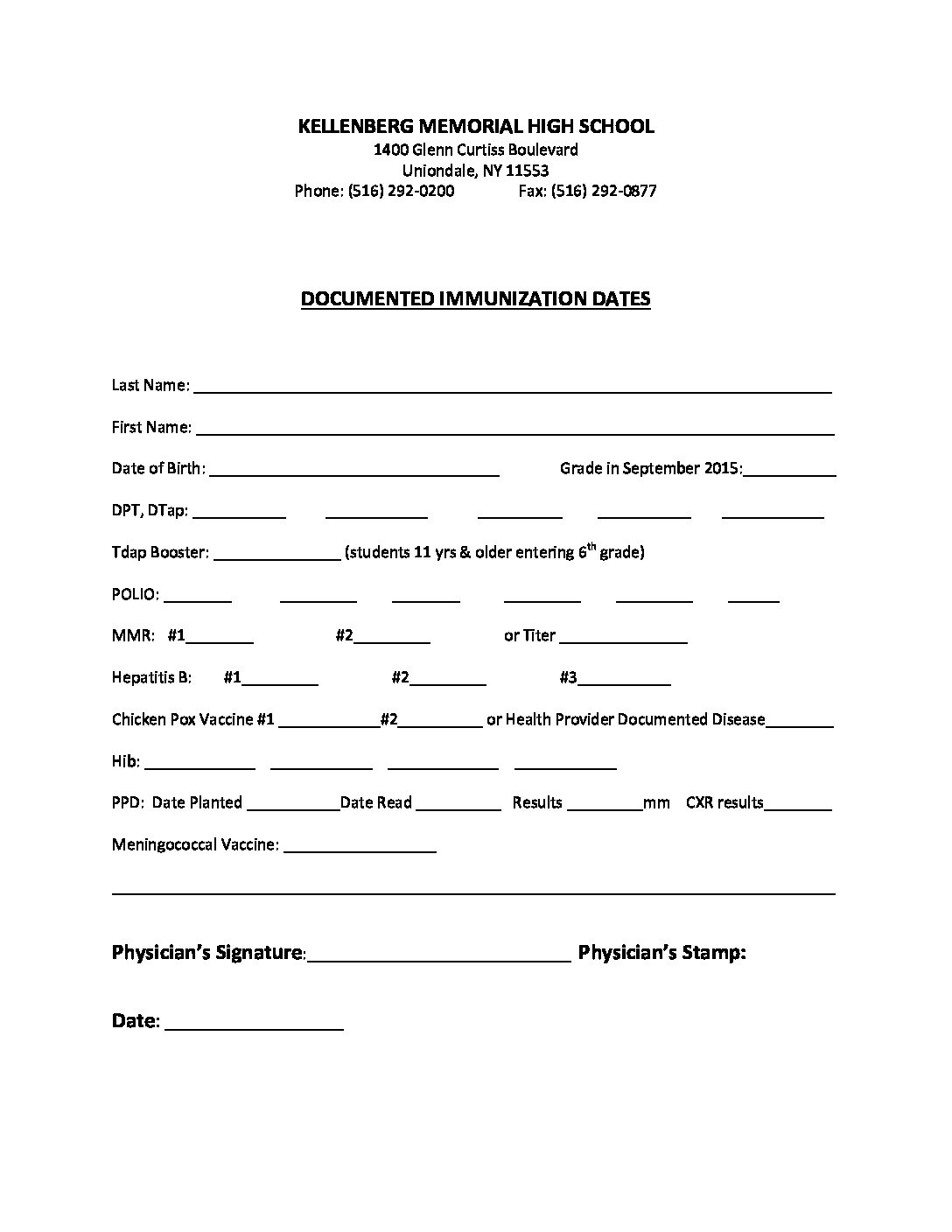 Immunization Form 2015 – Kellenberg Memorial High School
