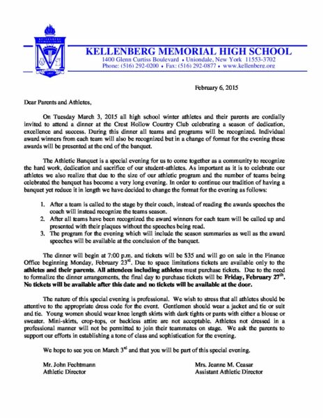 Winter Banquet Letter to Parents – Kellenberg Memorial High School