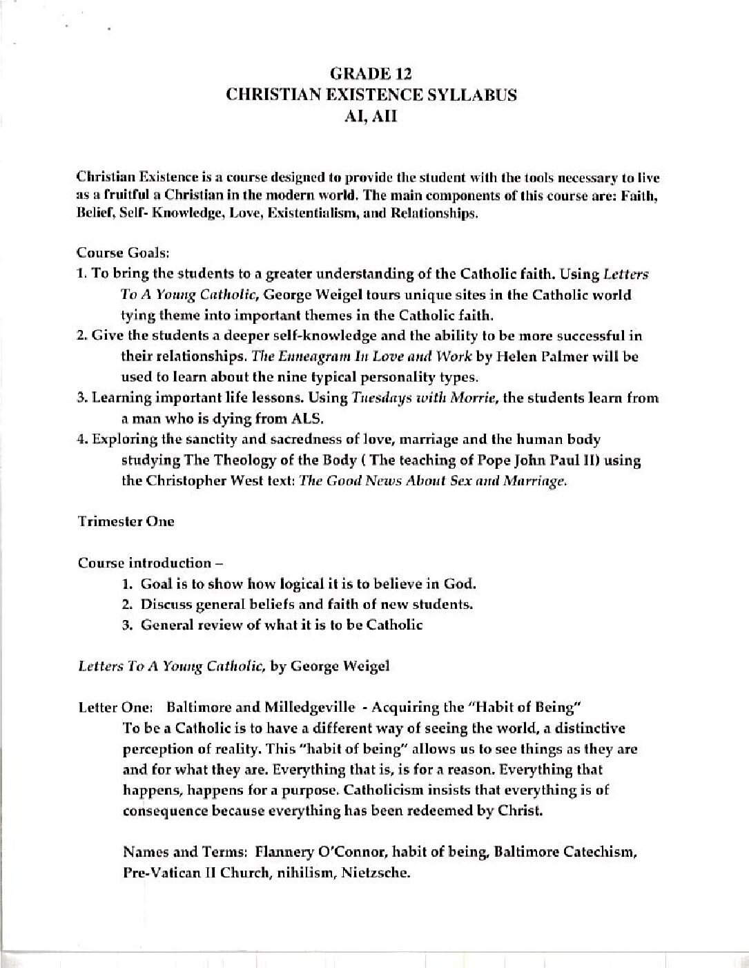 Christian Existence A1, A2 – Kellenberg Memorial High School