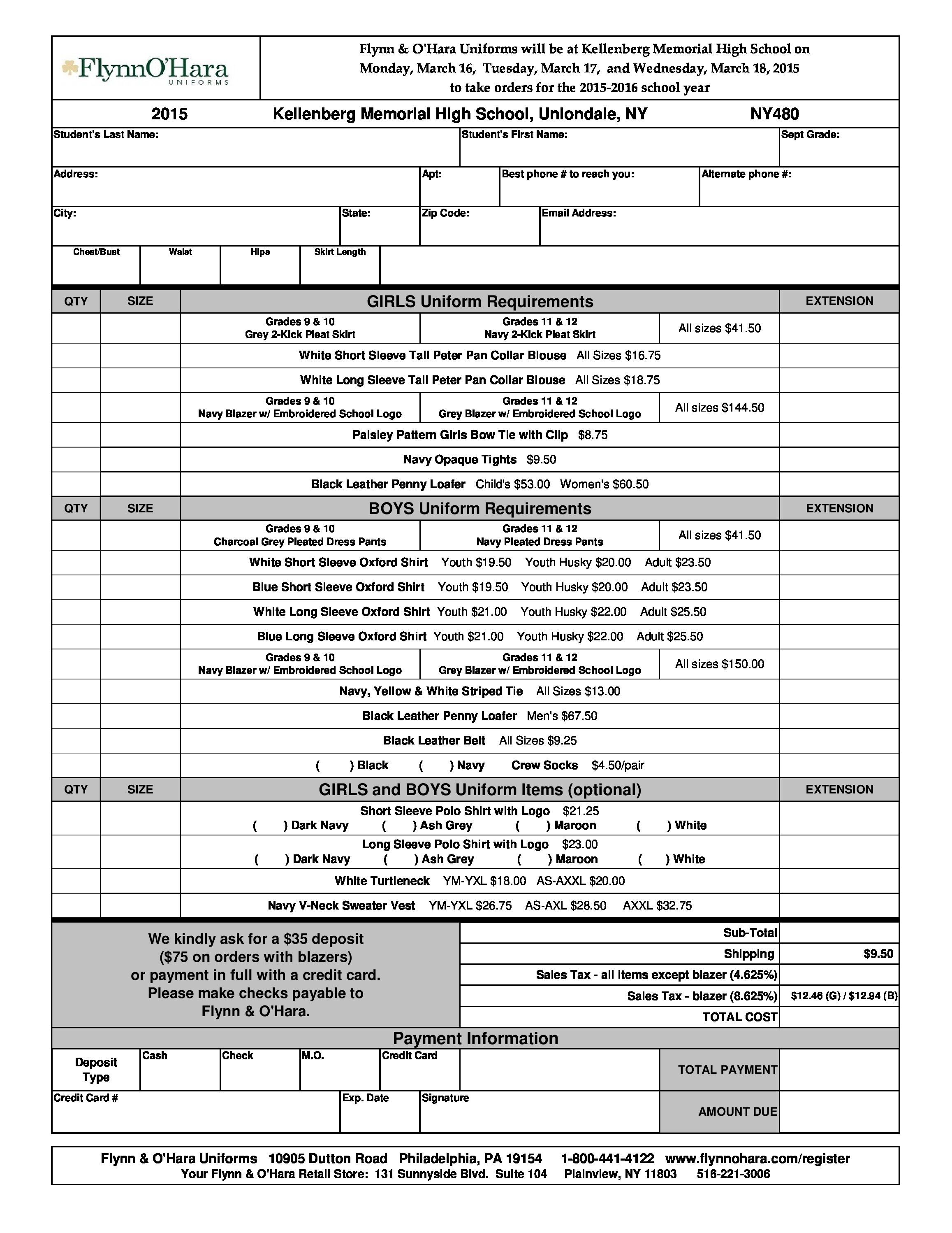 Kellenberg HS Uniform Order Form 2015 – Kellenberg Memorial High School