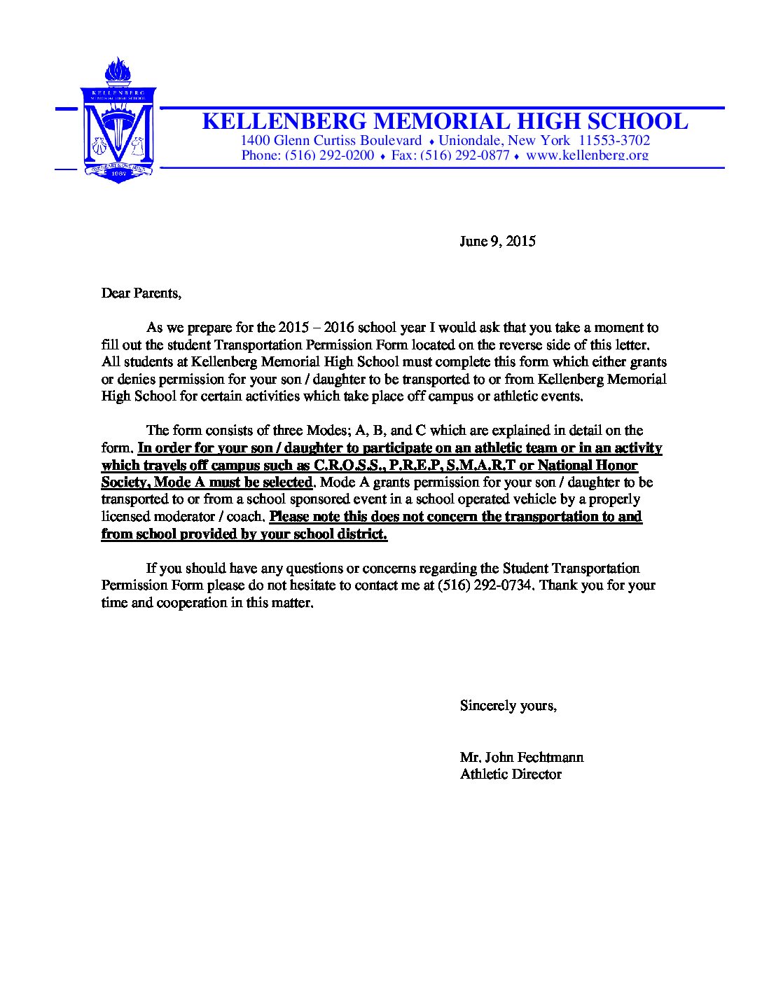 Transportation Permission Form 2015-16 – Kellenberg Memorial High School