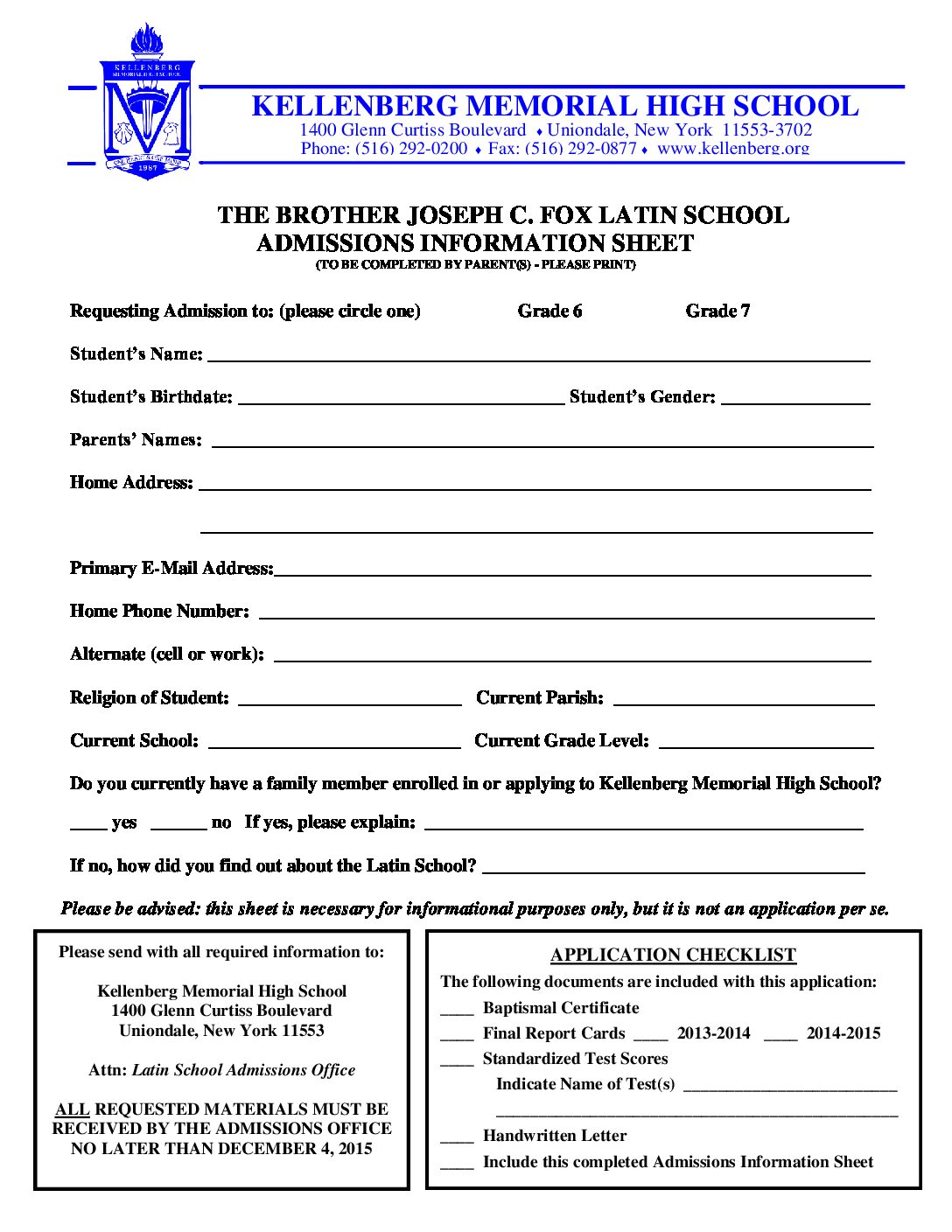 2015 LS Admissions Information Sheet – Kellenberg Memorial High School