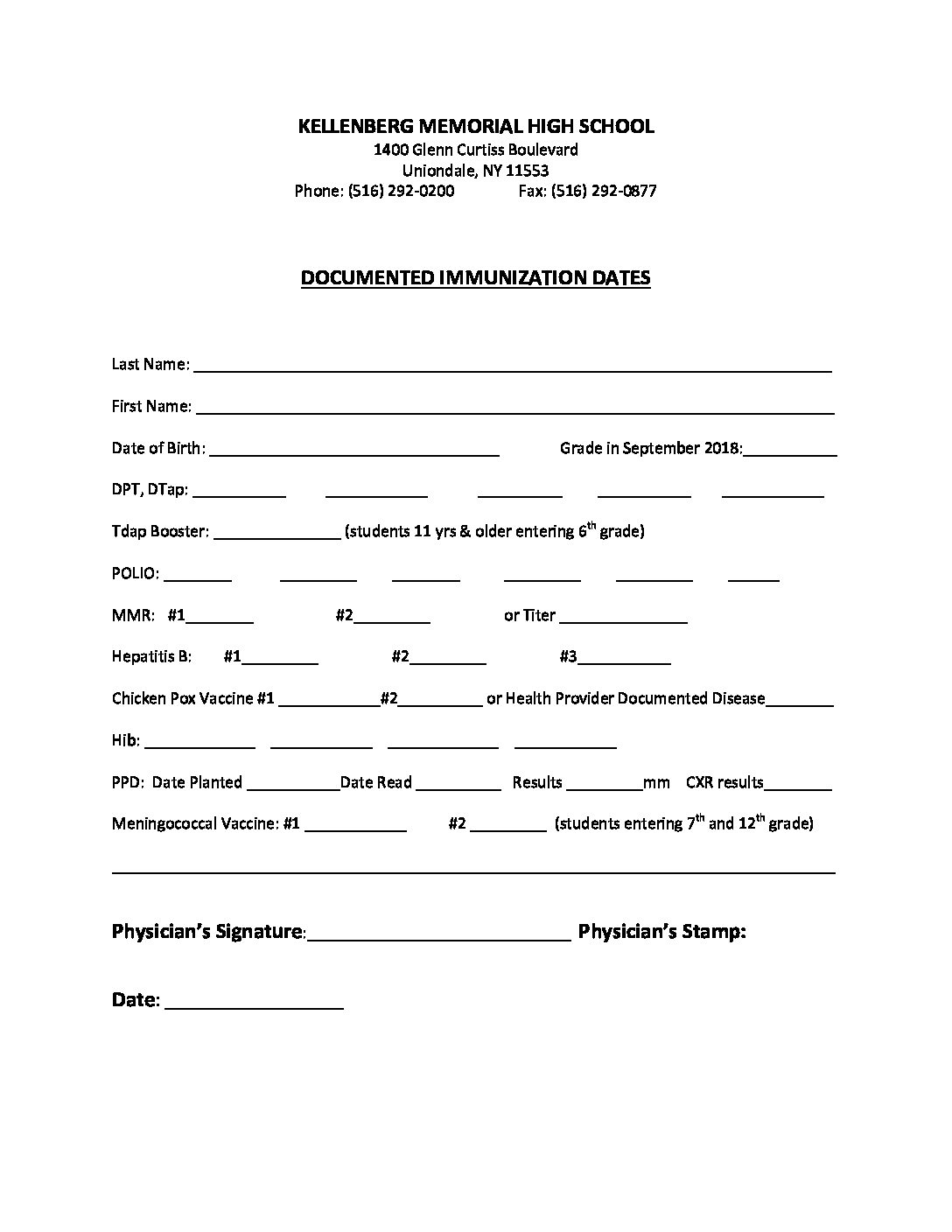 Immunization Form 2018 – Kellenberg Memorial High School