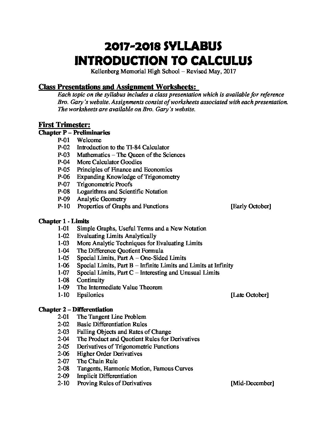 Calculus Syllabus – 2017-2018 PDF – Kellenberg Memorial High School