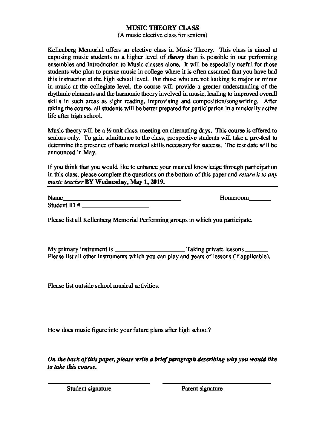 Music Theory Class Sign up 2019 – Kellenberg Memorial High School