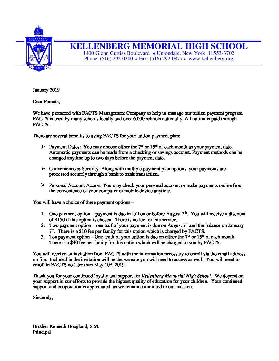 FACTS Tuition Payment letter 2019-2020 – Kellenberg Memorial High School