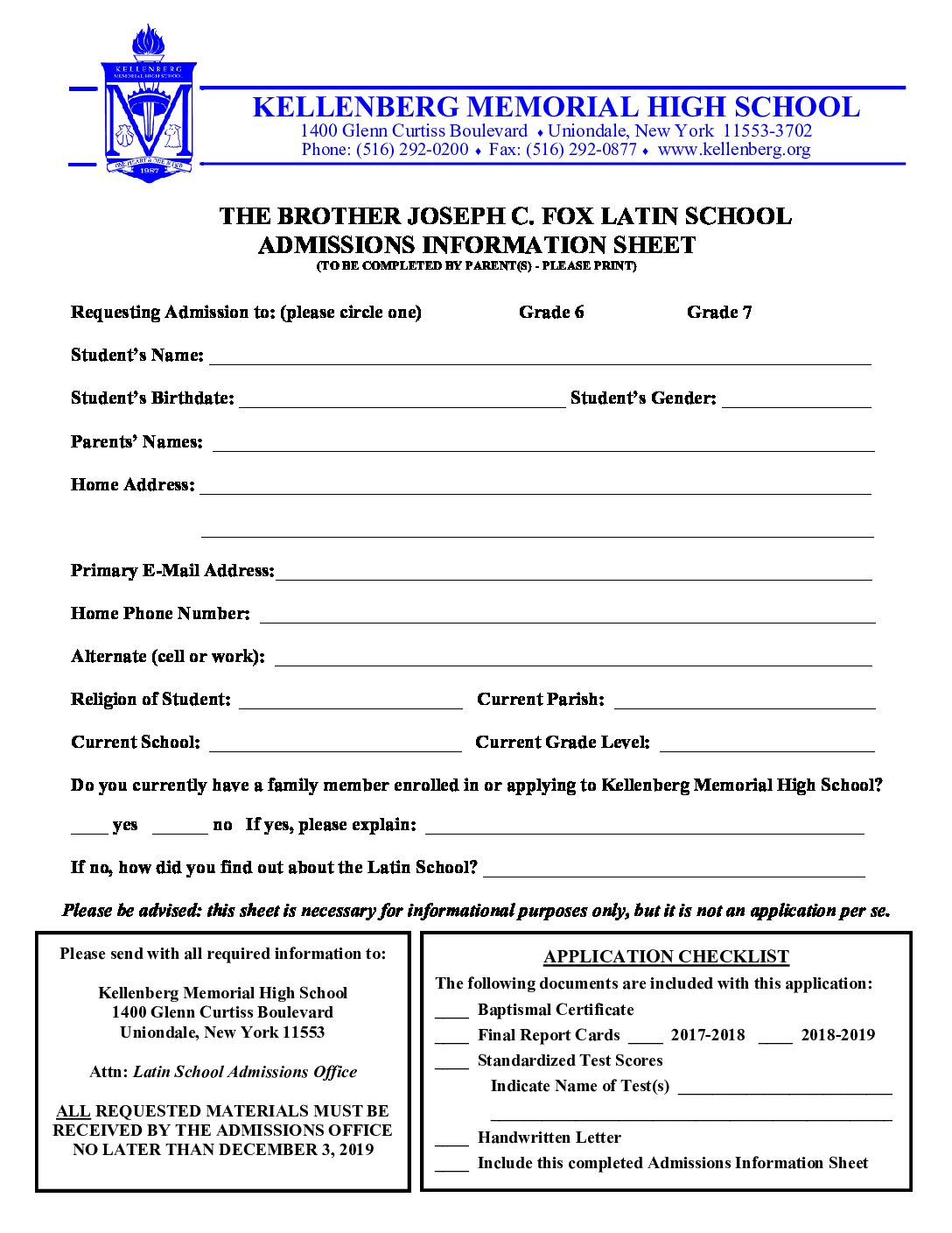 2019 LS Admissions Information Sheet – Kellenberg Memorial High School