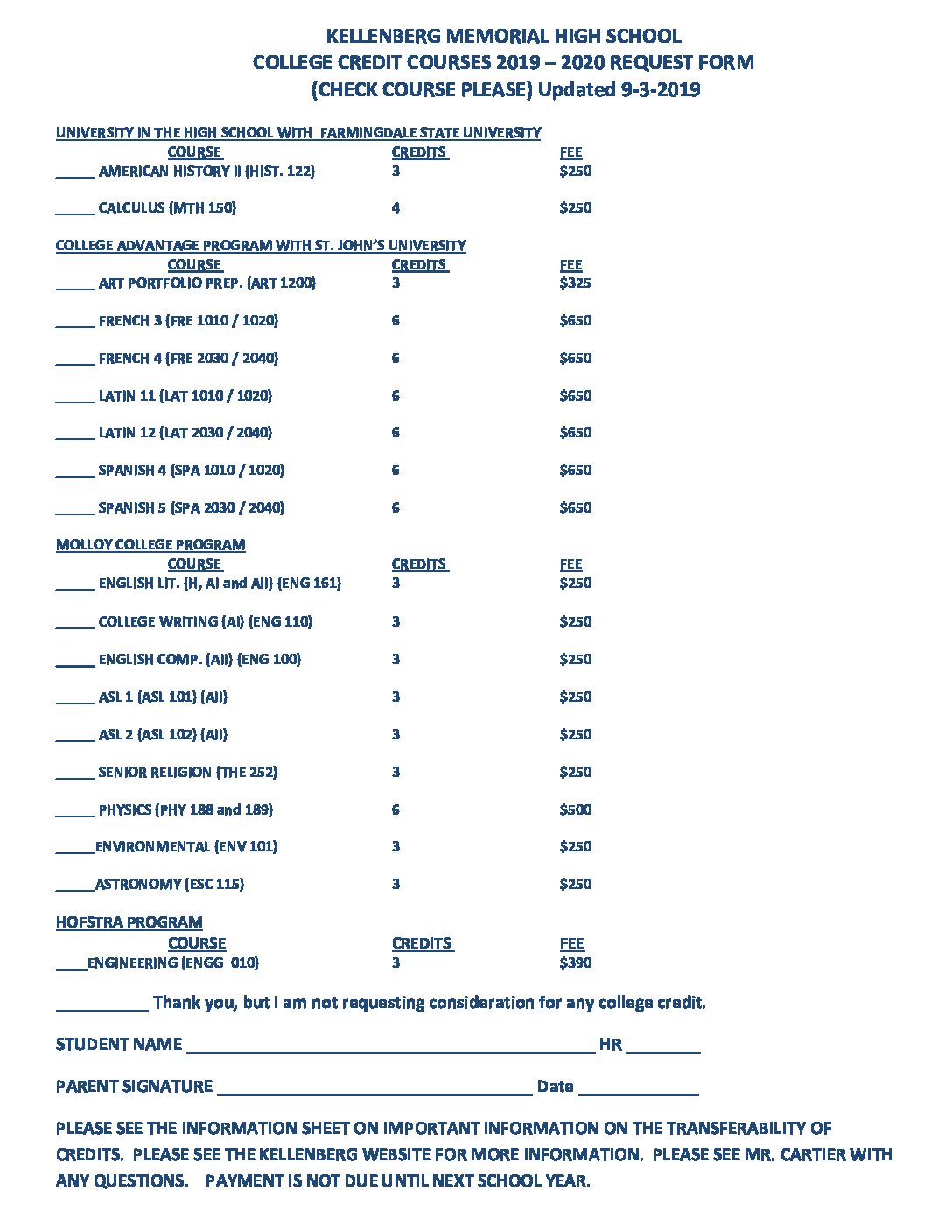 College Course Request Form 2019-2020 revised – Kellenberg Memorial ...