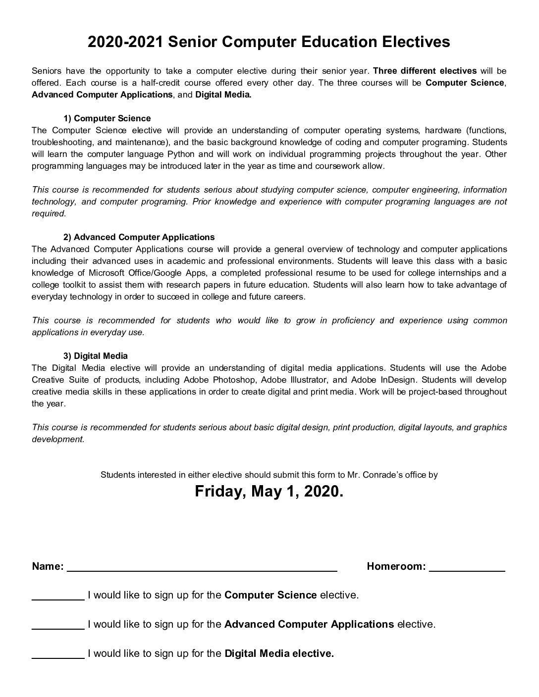 2020-2021 Senior Computer Education Electives – Kellenberg Memorial High School