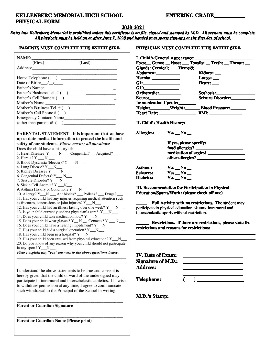 Physical Form 2020-2021 – Kellenberg Memorial High School