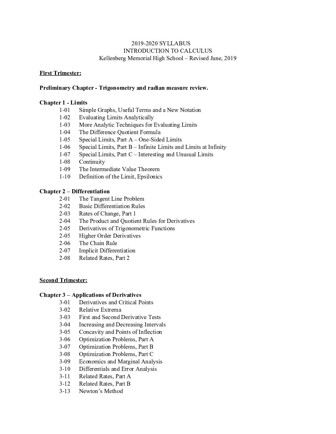 Calculus Syllabus – 2019 – 2020.docx – Kellenberg Memorial High School