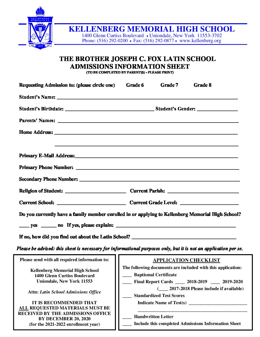 LS Admissions Information Sheet 2020 updated – Kellenberg Memorial High ...