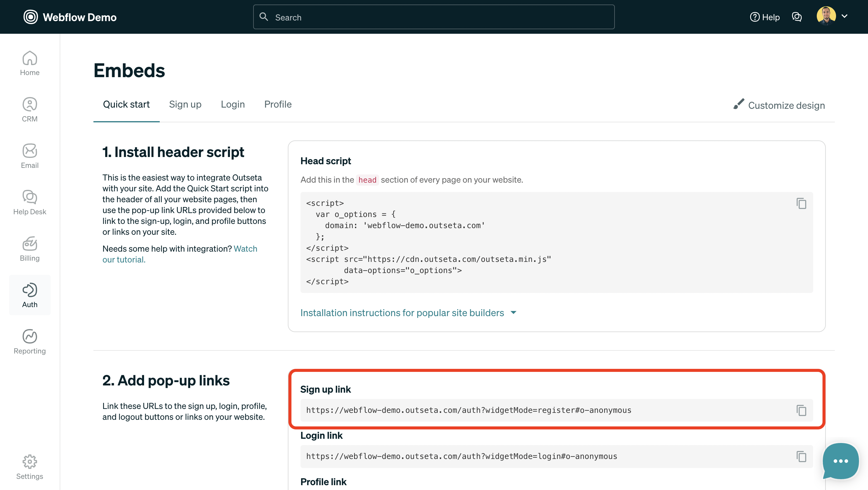 Integrate Outseta's sign up, login, and profile embeds | Outseta Knowledge Base