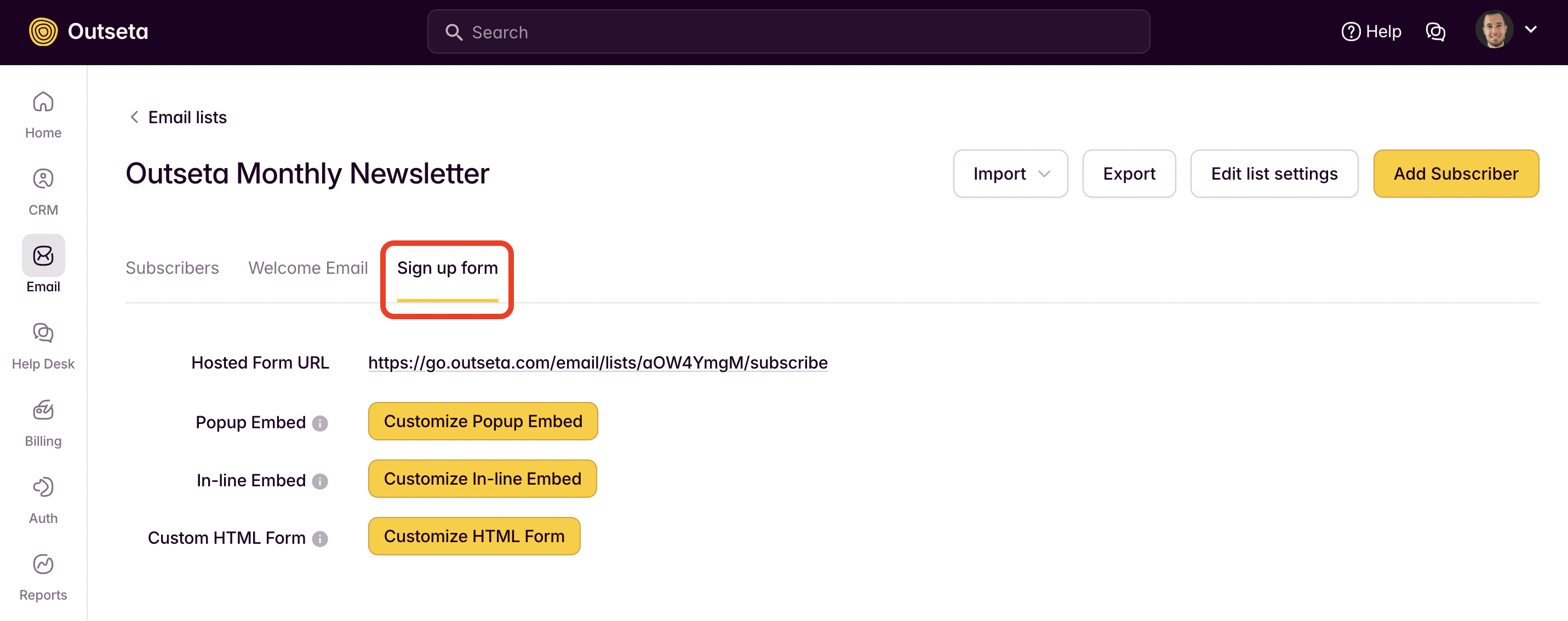 Subscribe to an email list | Outseta Knowledge Base