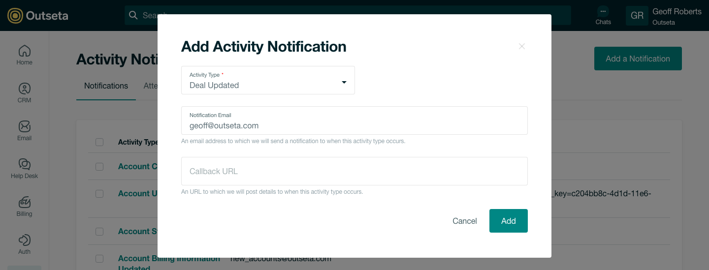 Setup activity notifications (Webhooks, Callbacks) | Outseta Knowledge Base