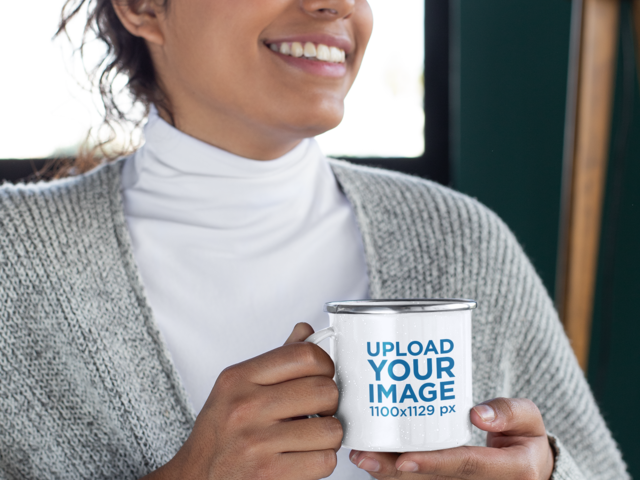 Placeit - 12 oz Enamel Mug Mockup Featuring a Woman with Cozy Garments