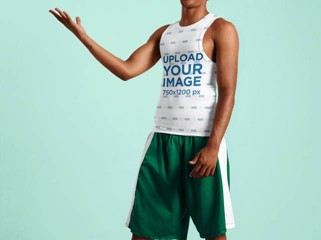 Placeit - Sublimated Tank Top Mockup Featuring a Smiling Basketball Player