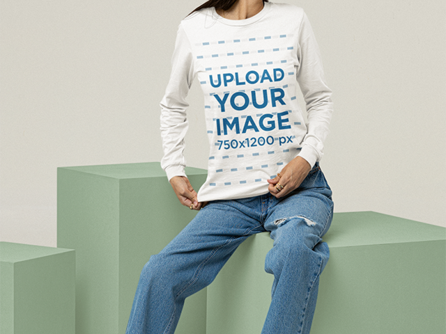 Placeit - Long-Sleeve Tee Mockup Featuring a Woman With a 90s Outfit