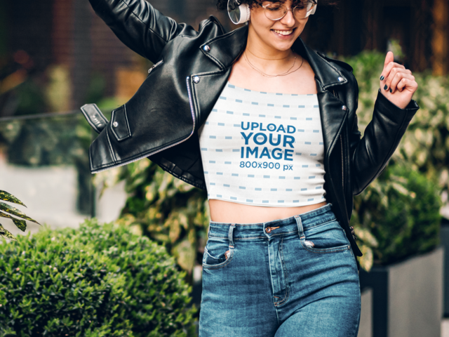 Placeit - Crop Top Mockup Featuring a Woman Listening to Music on the ...