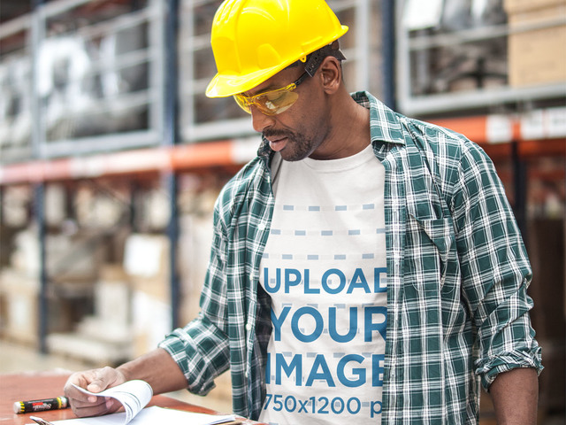 Placeit - Industrial Worker Going Through a Checklist Wearing a T-Shirt ...