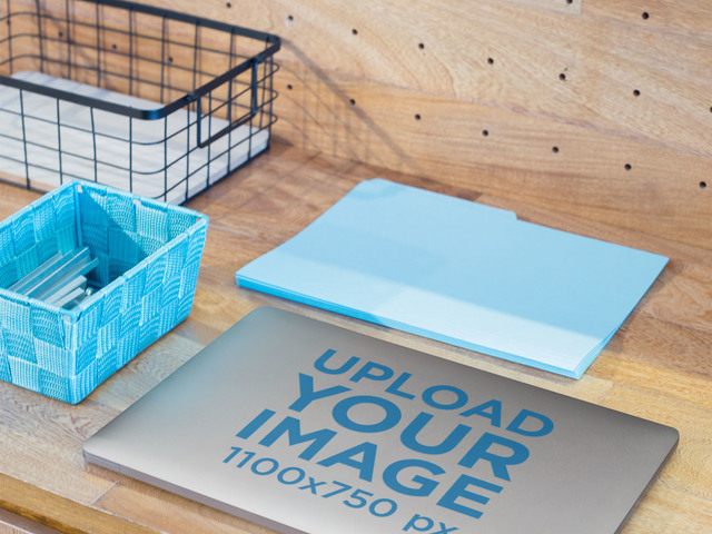 Placeit - Sticker Mockup of a Computer on Wooden Desk