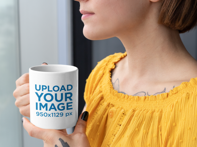 Placeit - 11 Oz Coffee Mug Mockup of a Woman Staring Through a Window