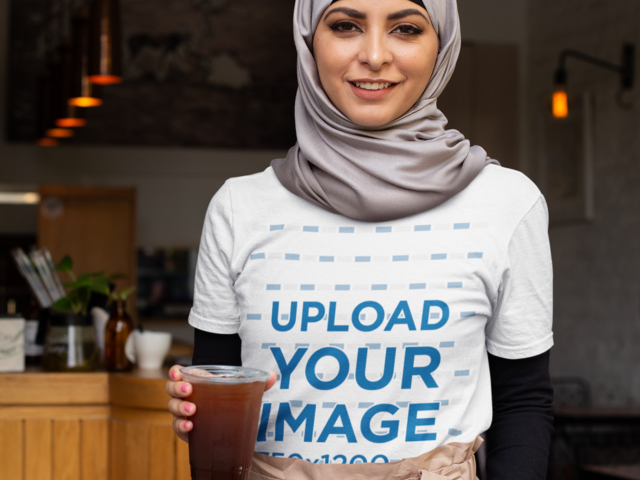 Placeit - T-Shirt Mockup of a Woman Wearing a Hijab in a Restaurant