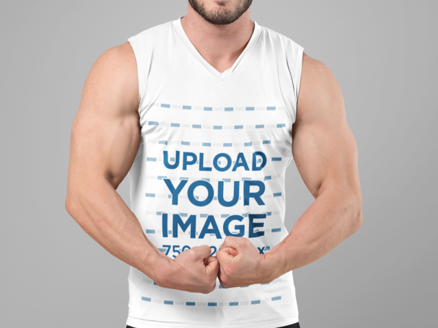 Placeit - Sleeveless Shirt Mockup Featuring a Muscled Man Flexing His Arms