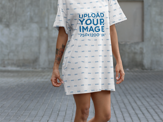 Placeit - Shift Dress Mockup of a Young Woman Posing in Front of a ...