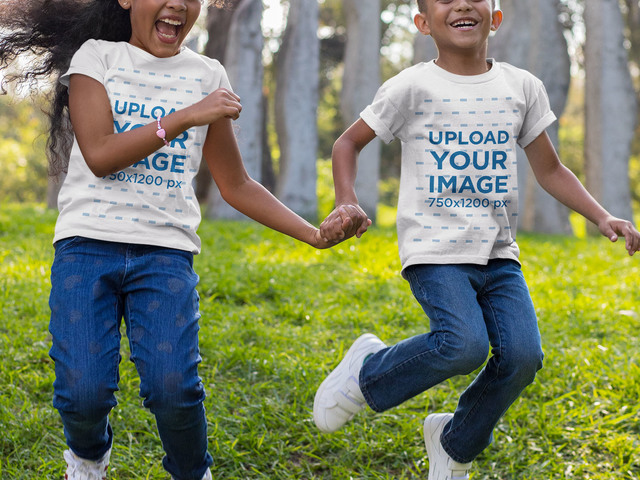 Placeit - T-Shirt Mockup of a Boy and a Girl Playing at a Park