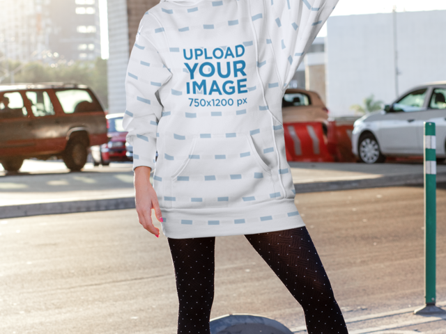 Placeit - Sublimated Hooded Dress Mockup Featuring a Woman Touching Her ...