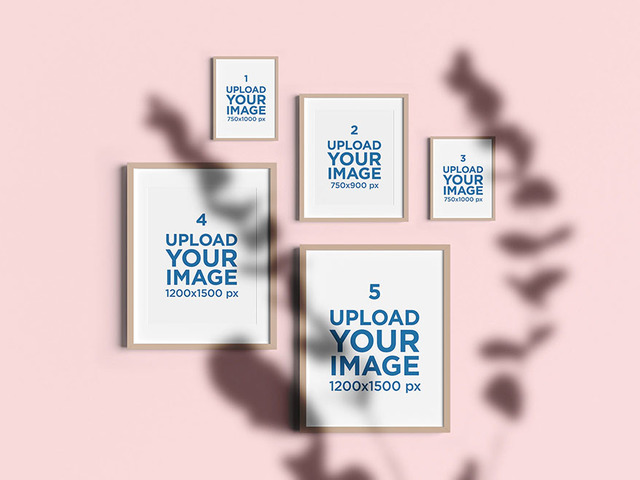 Placeit - Mockup Featuring Five Art Prints and a Plant Shadow