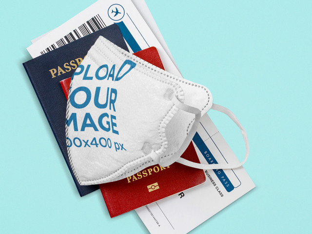 Placeit - Face Mask Mockup Featuring two Passports and Plane Tickets
