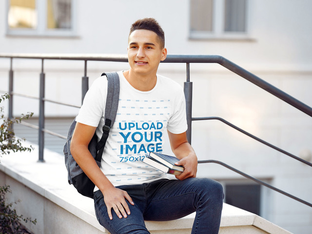 Placeit - T-Shirt Mockup of a College Student Waiting for Class