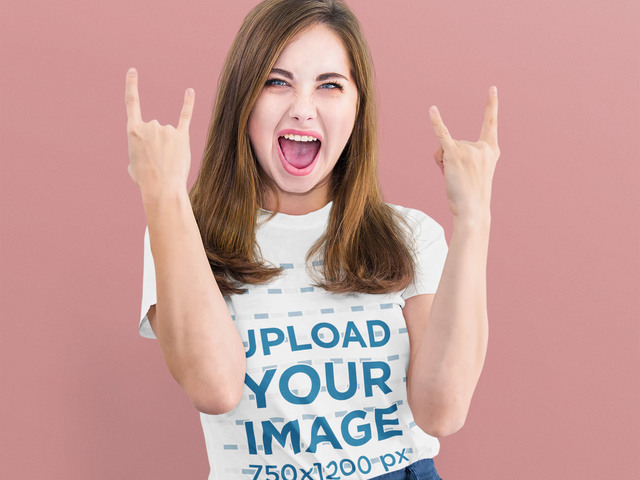 Placeit - T-Shirt Mockup Featuring a Woman Making Rock Signs with Her Hands