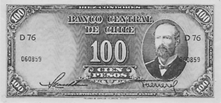 1947-1956 Chile 100 Pesos = 10 Condores values and price guide