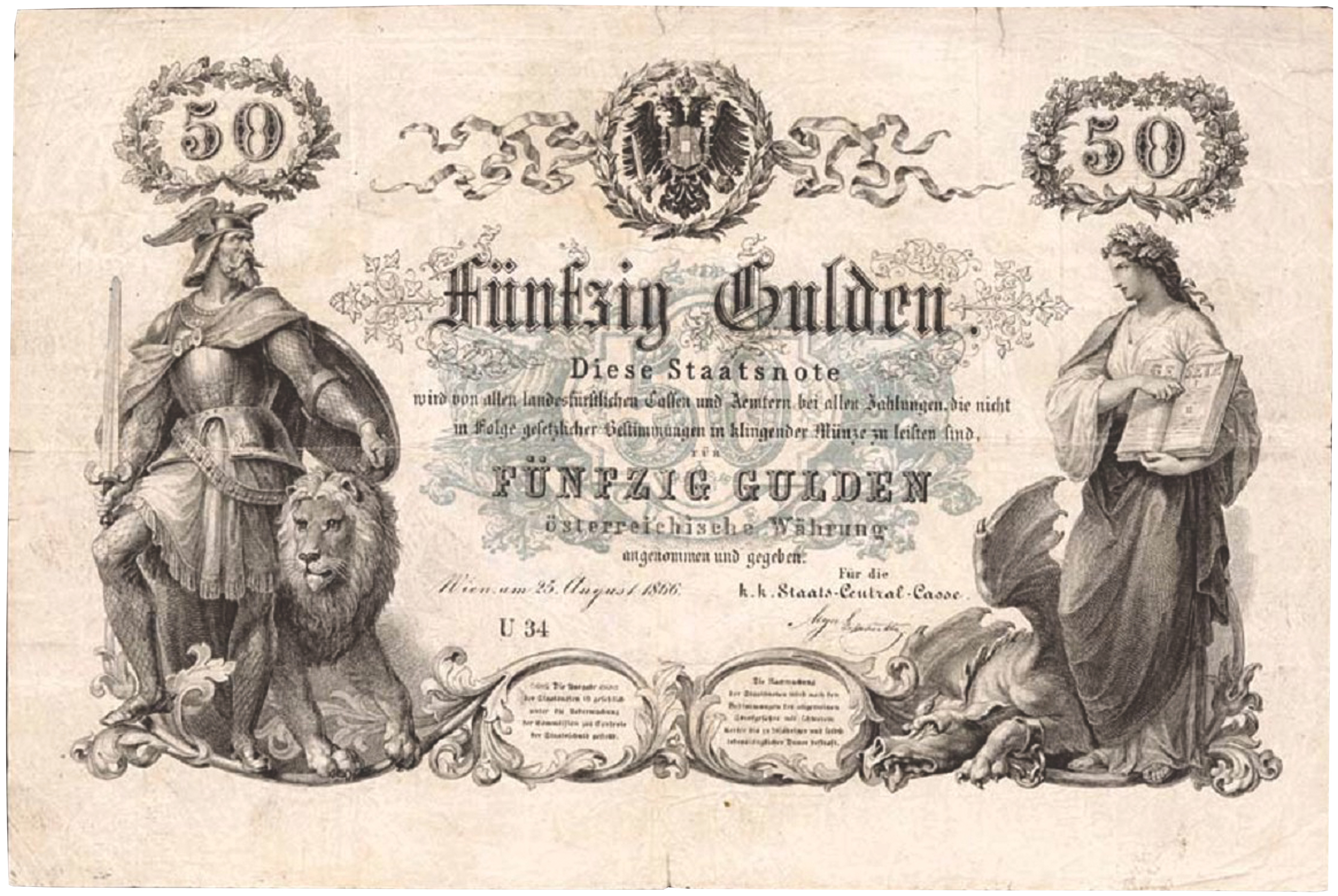 1866 Austria 50 Gulden values and price guide