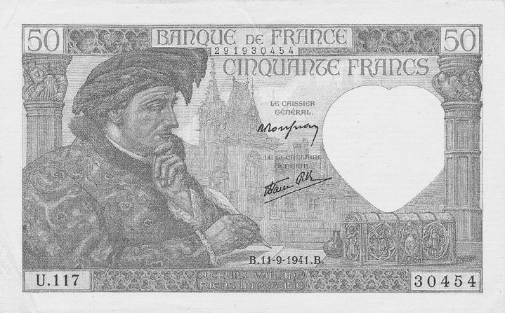 1940-1942 France 50 Francs values and price guide