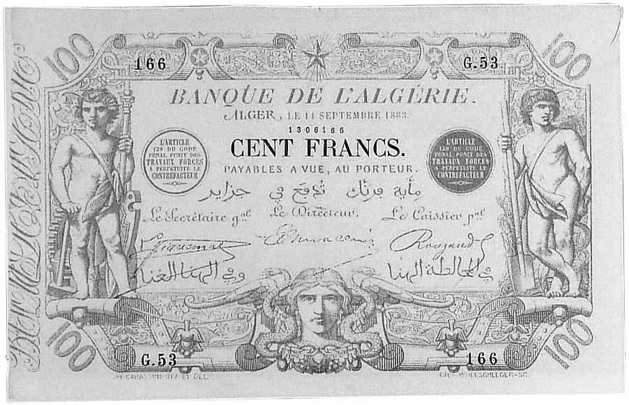 1874-1892 Algeria 100 Francs values and price guide