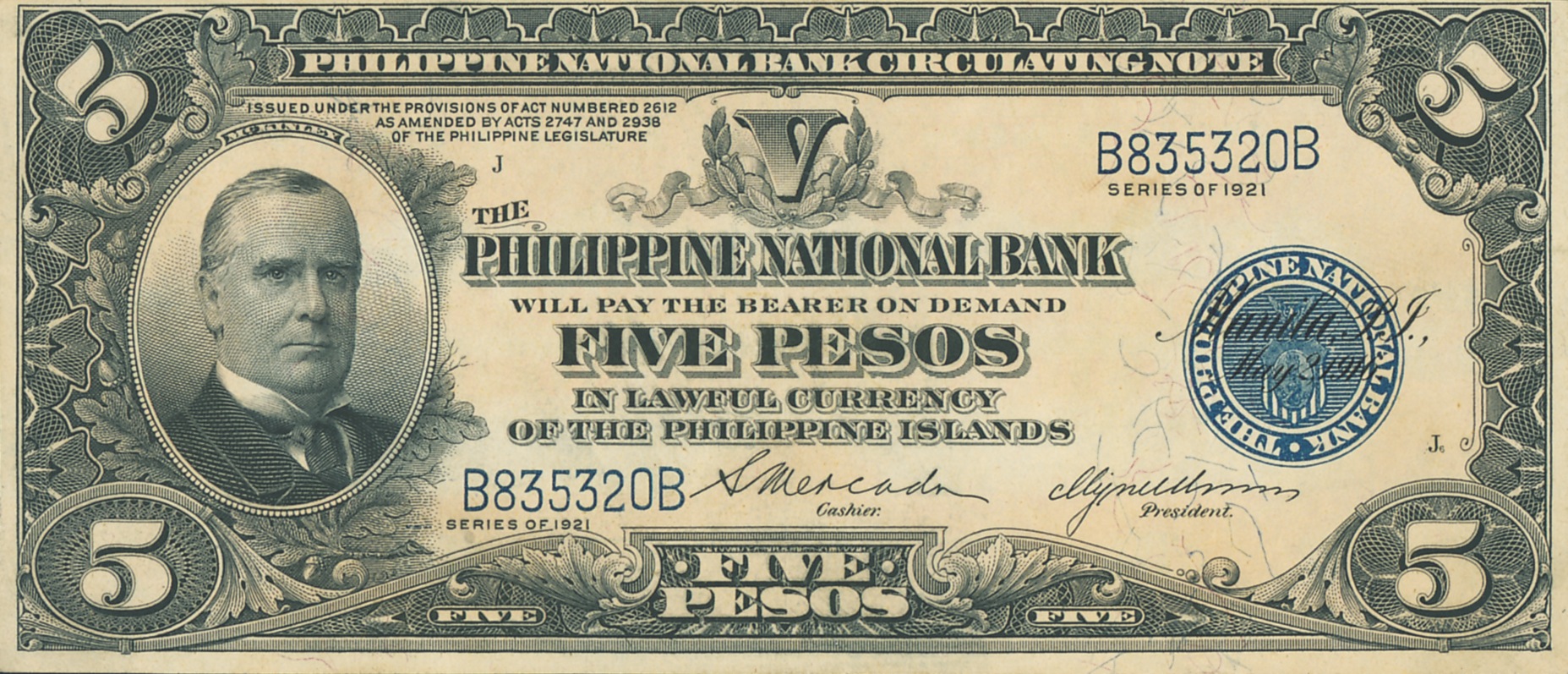1921 Philippines 5 Pesos values and price guide